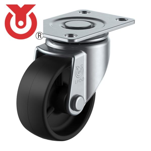 ユーエイ プレート式ゴムキャスター|特長:取付高さを低く抑えた重荷重用キャスターです。 耐摩耗性に優れたナイロン車輪を使用しています。