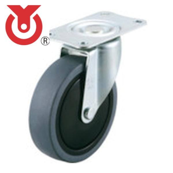 ユーエイ プレート式ゴムキャスター|特長:金具・車輪部分にラジアルボールベアリングを使用した、走行音の静かなキャスターです。 軽量で床面を汚しにくいエラストマー車輪を使用しています。
