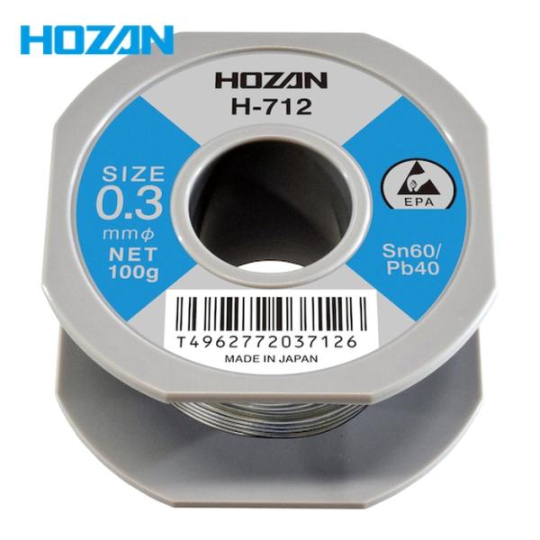 HOZAN 糸はんだ|特長:ファインピッチ・パーツの極小化・脱フロンに応える無洗浄タイプのはんだです。 マイクロソルダリングに対応した線径で静電気対策ボビンを使用しています。