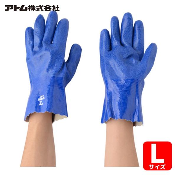 アトム ニトリルゴム手袋(厚手)|特長:柔軟性があり手にフィットするシームレス手袋を使用した、油に強い手袋です。 耐引裂き、耐摩耗性に優れており、耐久性に優れています。 油に強いニトリルゴムを全面コーティングしています。