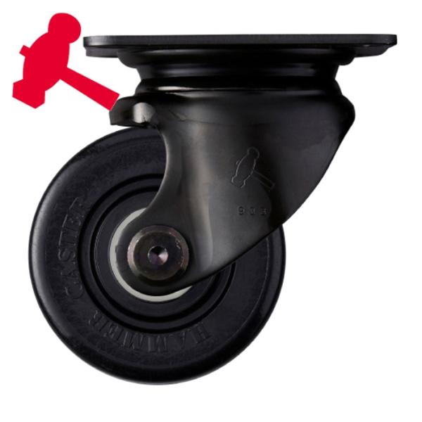 ハンマー プレート式低床式キャスター(ナイロン車)|特長:420S・100mmと同じ取り付け寸法の低床式重荷重用キャスターです。 重量物で安定を求められる大型機械や重量物運搬用に最適です。