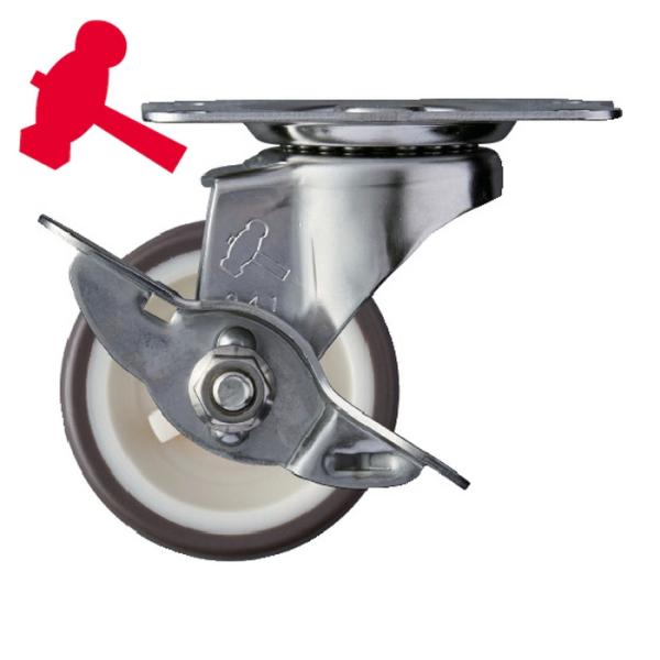 ハンマー プレート式ステンレス金具キャスター(ウレタン車)|特長:耐食性・耐水性に優れたねじ込みオールステンレスキャスターです。 食品会社や厨房等の錆や腐食等をきらう環境で使用されるワゴンや機器等に最適です。