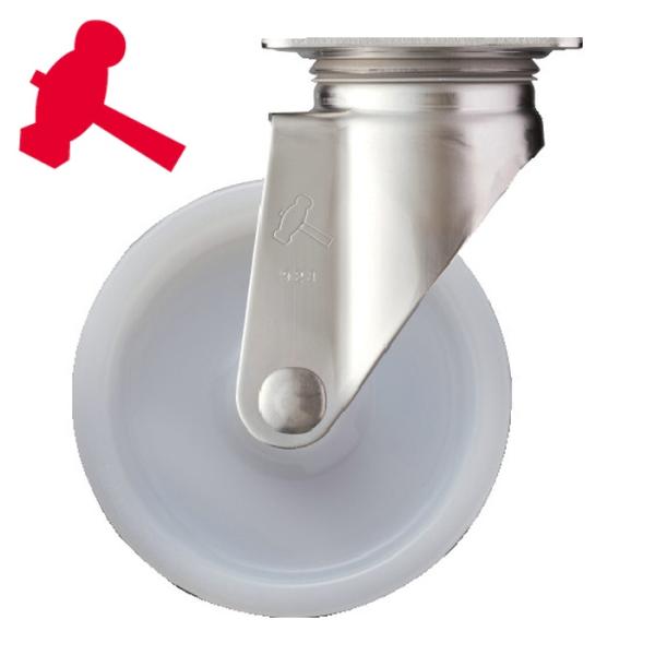 ハンマー プレート式ステンレス金具キャスター(ナイロン車)|特長:耐食性・耐水性に優れたねじ込みオールステンレスキャスターです。 食品会社や厨房等の錆や腐食等をきらう環境で使用されるワゴンや機器等に最適です。