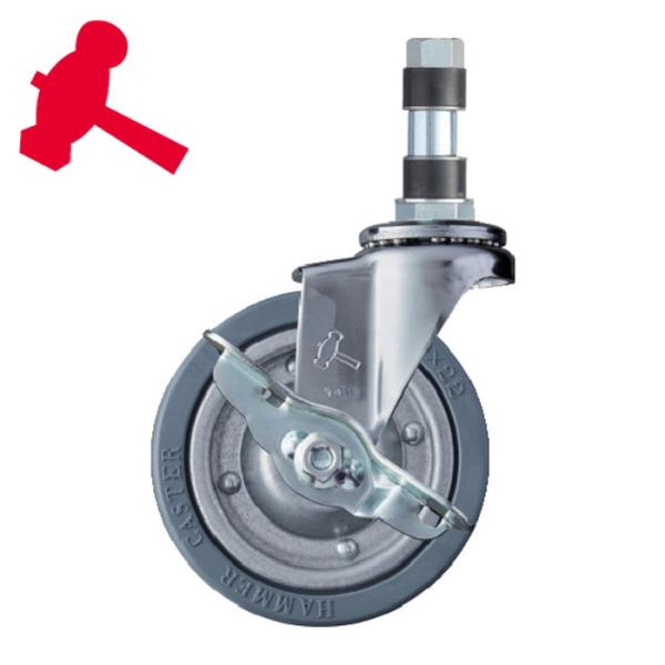 ハンマー パイプ差し込み式キャスター(ゴム車)|特長:専用スパナを使用することにより脱着が簡単にできるパイプ取付け用キャスターです。 ワゴン・ラック・台車等、軽量運搬機器に最適です。