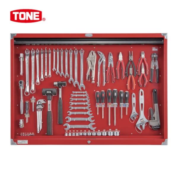 TONE 整備用工具セット|特長:使用頻度の高いサイズを、管理しやすいボードに収納しています。 シャッター付きで、盗難防止にもなります。