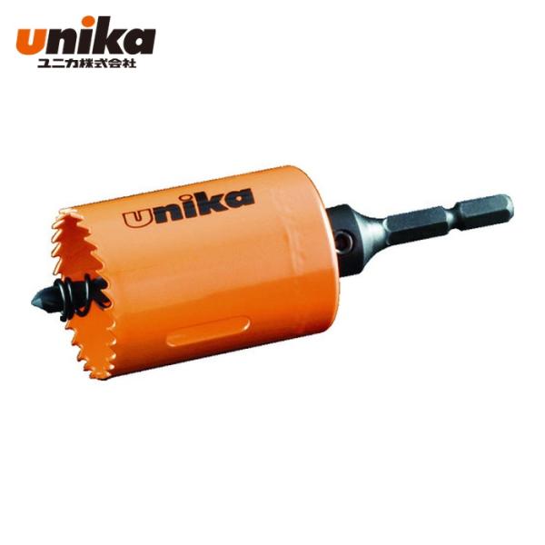 UNIKA ハイスホールソー|特長:インパクト軸シャンクの採用で、電気ドリルからインパクトドライバーまで幅広くご使用いただけます。 有効深さ38mmのボディーとツバなし仕様により、被削材の貫通作業が可能です。 54mm以上はドリルチャック径...