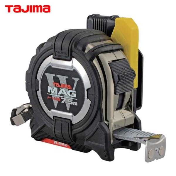 タジマ コンベックス(ベルトホルダー付タイプ)|特長:鉄骨にガッチリと吸着する「マグ爪」を採用しています。 本体下部にも強力ネオジム磁石を装備しています。 ショックアブソーバーを採用しています。