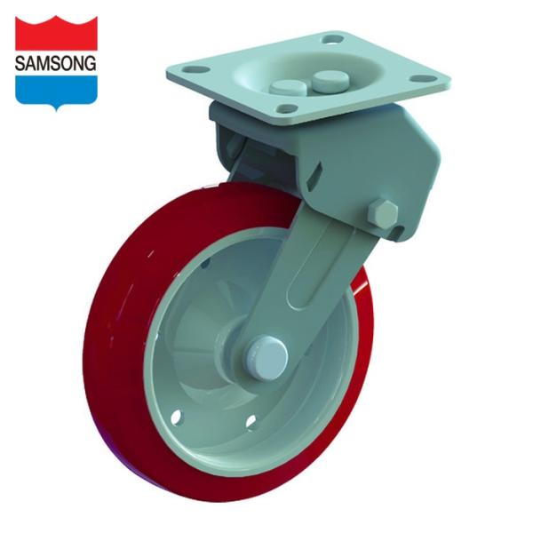 SAMSONG プレート式ウレタンキャスター|特長:テンションスプリングを搭載しており、高耐荷重でありながら、走行緩衝性が抜群なキャスターです。
