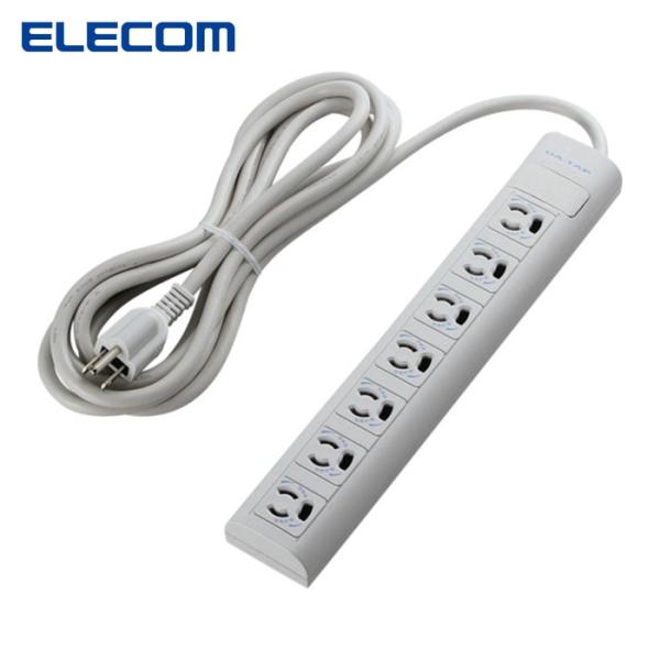 ELECOM オフィス用3Pタップ|特長:7台の接続が可能な大口コンセントです。 プラグをしっかりとロックできる抜け止めコンセント仕様です。 安心・安全の二重被ふくケーブルで強度を増しました。