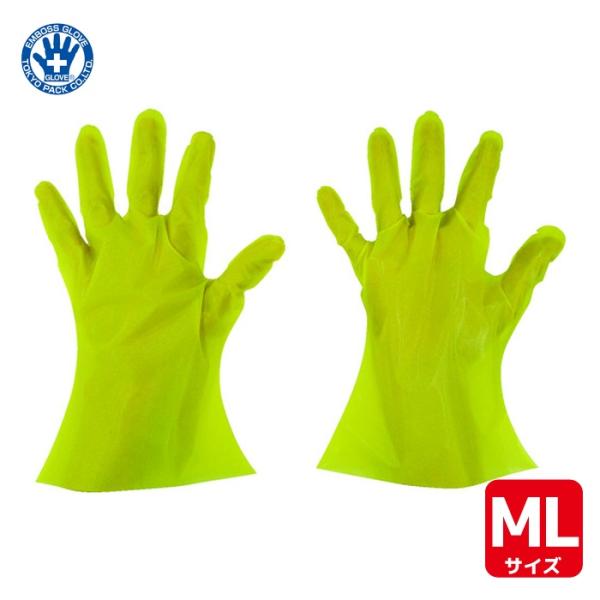 東京パック ポリエチレン使い捨て手袋(外エンボス)|特長:五本の指の付け根に絞りを入れてフィット感を向上、作業中のずれ、脱落を防ぎます。 指先までほどよくフィットし、作業性抜群です。 手首の幅が広いことにより着脱もスムーズに行えます。