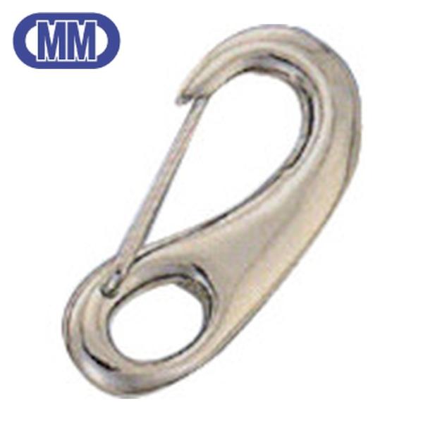 水本 フック|特長:バネ状のリング部分を押し込むことで開閉することができます。 フック部とチェーン・ロープを入れる部分が分かれています。