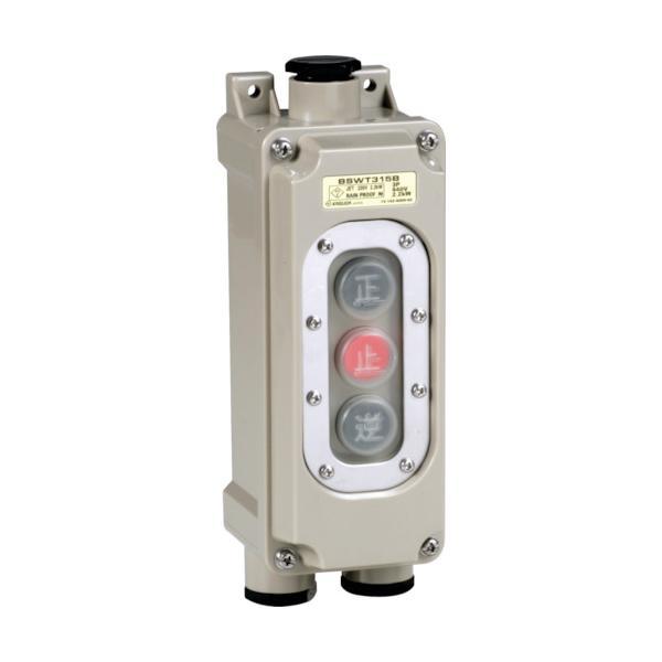 ・動力用押ボタン開閉器、防雨形タイプです。・保護構造IP65(JIS C 0920)です。・電動機の正転・逆転の切り替え運転ができます。・電気用品安全法適合品です。・動力用押ボタンスイッチ正転、逆転。・ボタン数:3・ボタン文字:正 止 逆・...