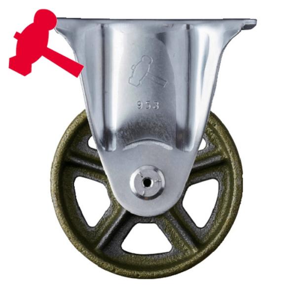 ハンマー プレート式鋳物製金具キャスター|特長:旋回式キャスターの420S/413Sと併用できる固定式キャスターです。 工場、事務所などに多く使用されており、堅牢で安定感もあり重量物運搬用に最適です。