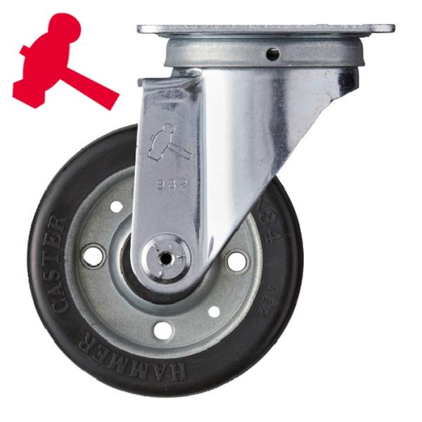 ハンマー プレート式ゴムキャスター|特長:荷重に対する抵抗力が大きく、旋回もスムーズな代表的な大型キャスターです。 使用例:工場、事業所などに多く使用されており、堅牢で安定感もあり重量物運搬用に最適です。 旋回部にはスチールボールが上下二段...