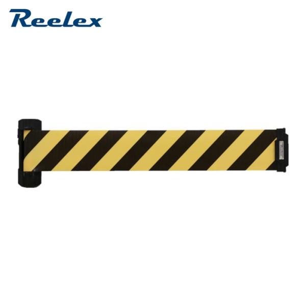 Reelex ガードテープ|特長:120mmの幅広シートで視認性を高めています。 増締め機構付きでシートをピンと張れます。 ゆっくり巻取り機構付で、安全面に配慮しています。