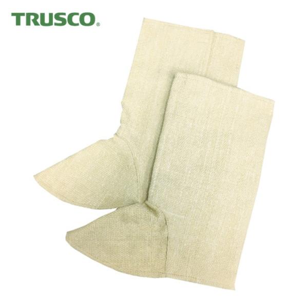 TRUSCO 耐熱足カバー|特長:アラミド繊維と生体溶解性セラミック繊維・ガラス繊維との複合素材を使用した耐高熱・耐炎・耐スパッタ用保護具です。 短時間ならば800°Cの高温にも耐えます。 また熱伝導率が低いので、断熱効果にも優れています。