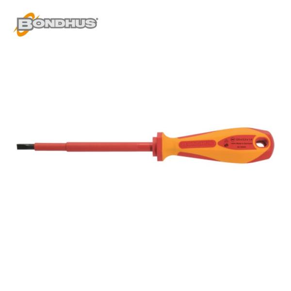 BONDHUS 絶縁ドライバー|特長:実用最大耐電圧AC1000Vです。 電気・通信設備工事などの作業に適しています。 クッション性の高いラバーグリップ・二重形成ハンドルを採用しています。