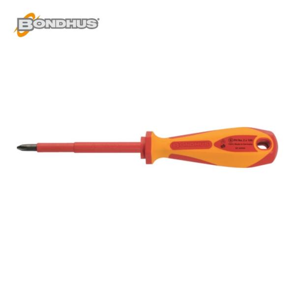 BONDHUS 絶縁ドライバー|特長:実用最大耐電圧AC1000Vです。 電気・通信設備工事などの作業に適しています。 クッション性の高いラバーグリップ・二重形成ハンドルを採用しています。