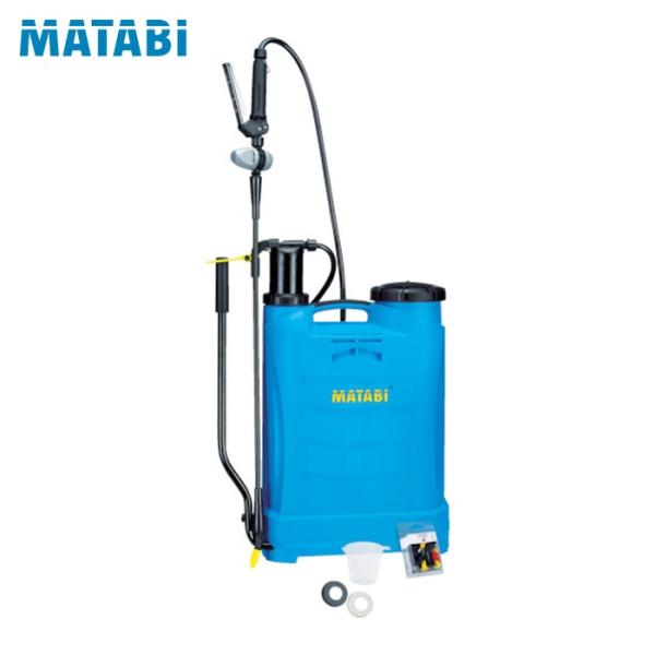 MATABi 噴霧器(蓄圧式)|特長:FPM製シールとステンレス製ハンドルにより農薬への耐久性に優れています。 ハンドルとランスの間の圧力調整機により均一な噴霧が可能です。 背負いながら左手でポンピングできる位置に過圧ハンドルがついています。