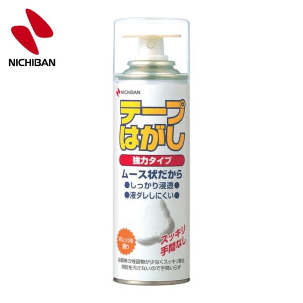 ニチバン 粘着剤クリーナー|特長:テープやのり残りを強力除去できるムース状のテープはがしです。 ムース状なので液ダレしにくく、ガラスなどの垂直面に使えます。