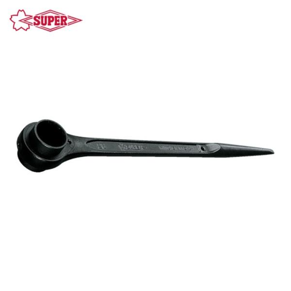 スーパー 片口ラチェットレンチ|特長:正逆は表裏を反転持ち換えて使用します。 ソケットのギアピッチが粗く早い締め付けが可能です。 対辺寸法17~46mmのサイズには安全ロープ取り付け穴を設けています。