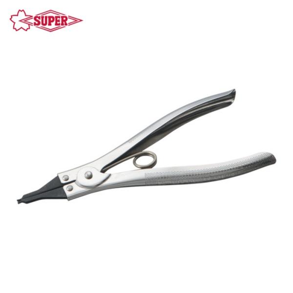 スーパー スナップリングプライヤー(軸用)|特長:爪部は構造用合金鋼でリン酸マンガン皮膜処理を施し、優れた耐久性です。 グリップ部分はステンレス鋼製で軽量かつ、握りやすい設計です。