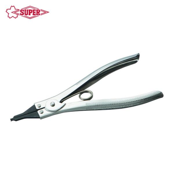 スーパー スナップリングプライヤー(軸用)|特長:爪部は構造用合金鋼でリン酸マンガン皮膜処理を施し、優れた耐久性です。 グリップ部分はステンレス鋼製で軽量かつ、握りやすい設計です。
