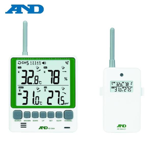 A&amp;D 温湿度記録計(ロガー)|特長:離れた場所の温湿度や熱中症指数(WBGT)、絶対湿度(VH)をワイヤレスで表示します。 熱中症の危険性や季節性インフルエンザの流行を知るために使用できます。 AD・5664SETは親機1台と子機...
