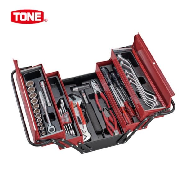 TONE 整備用工具セット|特長:工具を厳選し、各種産業機械の整備に適したセットです。 V形3段式メタルケース、全段プラスチックトレー付きです。