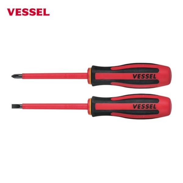 VESSEL 絶縁ドライバーセット|特長:VDE6項目の厳しい試験(IEC60900)に合格した製品です。 二重絶縁被覆、軸部の被覆はがれが識別できる黄色の内部被覆入りで、安心の設計です。 グリップ表面3面にノンスリップ(滑り止め)加工をし...
