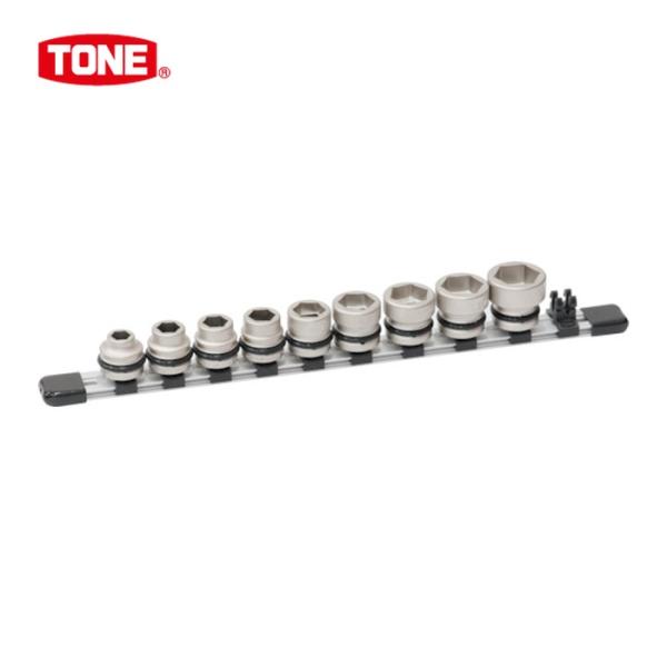 TONE インパクト用ソケットセット|特長:狭い箇所や奥まった箇所での作業に最適な、極短ソケットです。 Oリング仮置き構造により、レンチにインパクト用ソケットを着脱する際にOリングを一旦溝に仮置くことで作業性を向上させています。