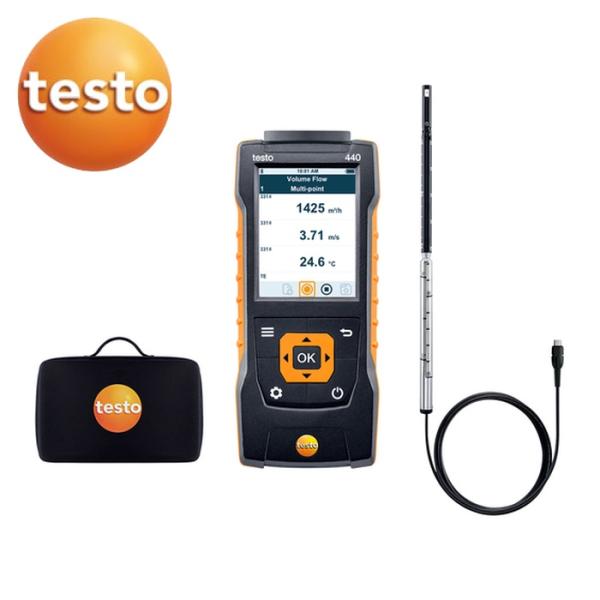 TESTO 多機能環境測定器|特長:持ち運びに便利なキャリングケース付きです。 testo440 本体と各種プローブのセットです。 7500メモリタイプです。
