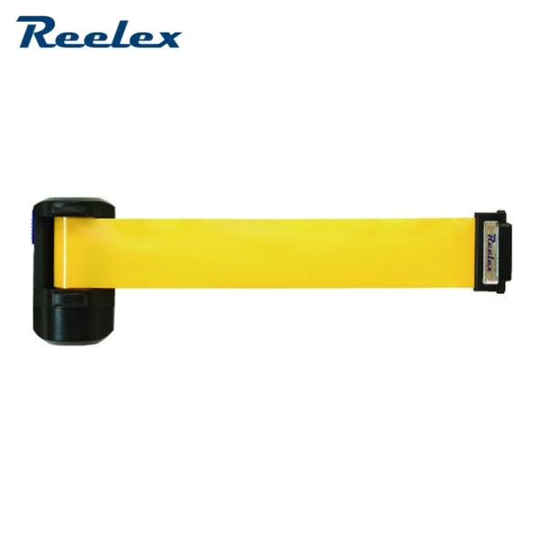 Reelex ガードテープ|特長:シートの張出しは最大6mのロングストロークです。 シートの収納は便利な自動巻きです。 シートが誤って外れてもゆっくり巻き取る安全機構付です。