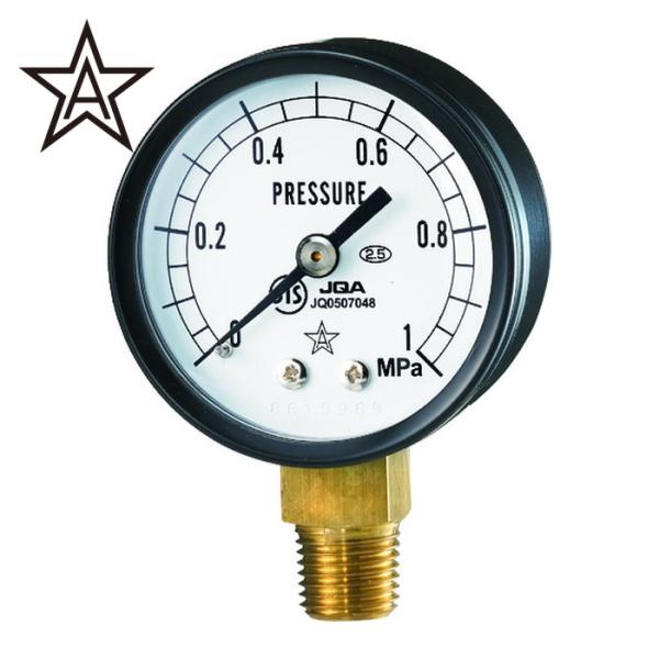 右下 小型圧力計|特長:形状が小さく、スペースがせまいところでの使用に適します。 指針の動きが円滑でスムーズな計測が可能です。 圧力計の3大流体(エア・油・水)のどれにでも使用できます。