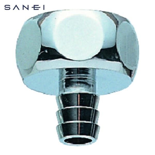 SANEI 配管継手|特長:メネジとの接続部はパッキンを取り付け。 ホース接続部はホースバンド(別売)を使用すると強く固定できます。