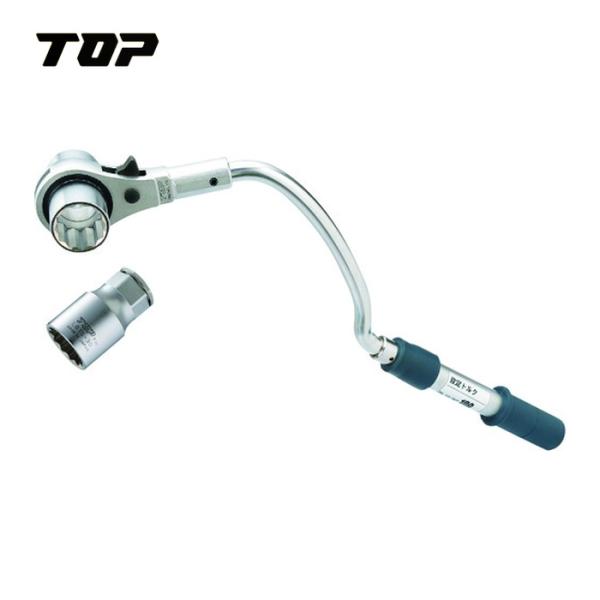 TOP 配管用ラチェットレンチ|特長:水道本管のフランジボルト・ナットの締め付けに便利です。 弓形ハンドルにより狭い管路も容易に締め付け可能です。 トルク機構で「カツン」と鳴り、首が折れたら締め付け完了です。
