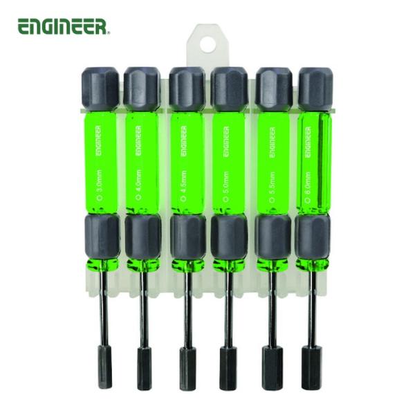 ENGINEER ソケットドライバーセット|特長:先端は狭い場所での作業に便利な薄肉六角形状です。 回転キャップ付きで、操作性が向上しています。 セットで保持できるホルダー付きです。