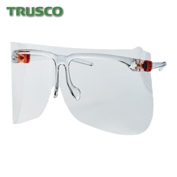 TRUSCO 一眼型保護メガネ(シールドタイプ)|特長:反射防止フィルムを使用しているためチラつきが少ないです。 マスクと併用することで高い防護効果が得られます。 メガネの上にも装着可能です。