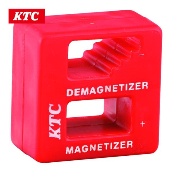KTC 着脱磁器|特長:DEMAGNETIZER(・)側の穴に軸を通してスライドさせると脱磁、MAGNETIZER(+)側の穴に軸を通してスライドさせると着磁できます。