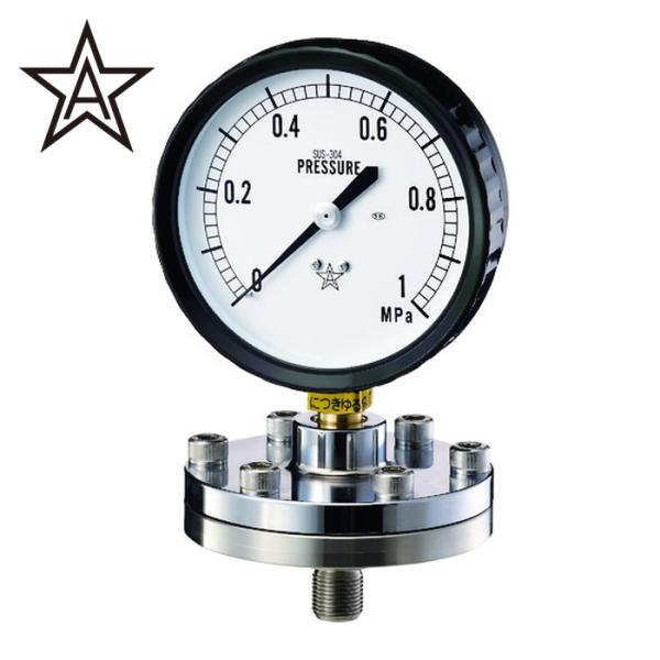 右下 一般圧力計|特長:測定しようとする流体と圧力計との間にダイヤフラム(隔膜)を設け、この間を非圧縮系特殊液で充満させて圧力の媒体としています。