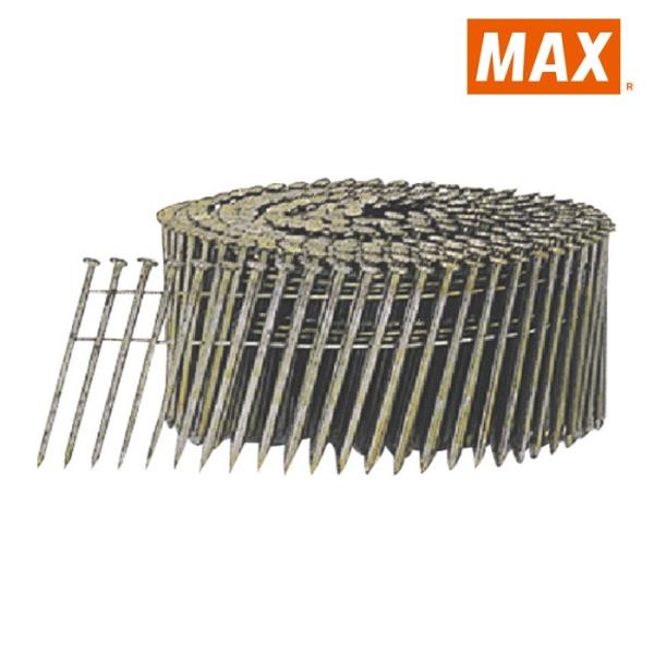 MAX エア釘打機(ネイル用)|特長:ワイヤ連結釘です。 釘打機用の釘です。 ワイヤで斜めに連結され、平らなコイル状に巻かれた鉄釘です。