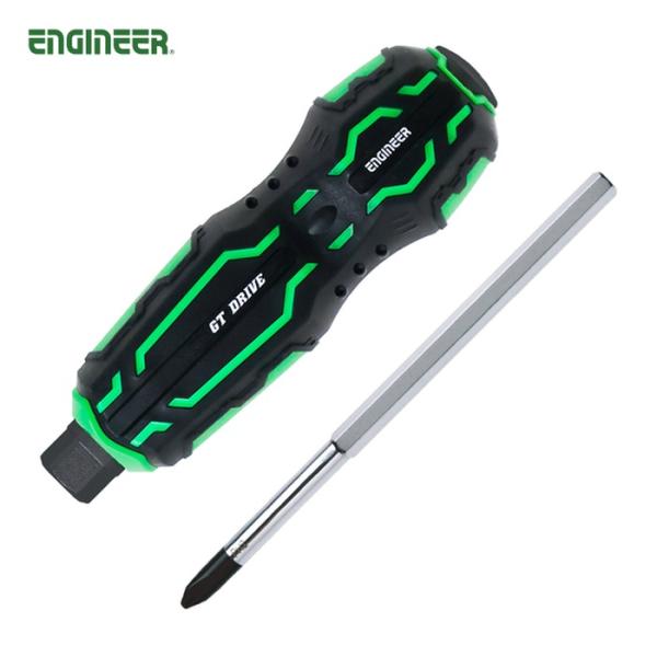 ENGINEER グリップドライバー|特長:強力なトルクを生む、人間工学(エルゴノミクス)デザインのドライバーです。 φ10mmの鉄芯を貫通させているため、ハンマーの衝撃をそのまま先端へ伝達します。 ボルスター付で、レンチ等を使用することで...