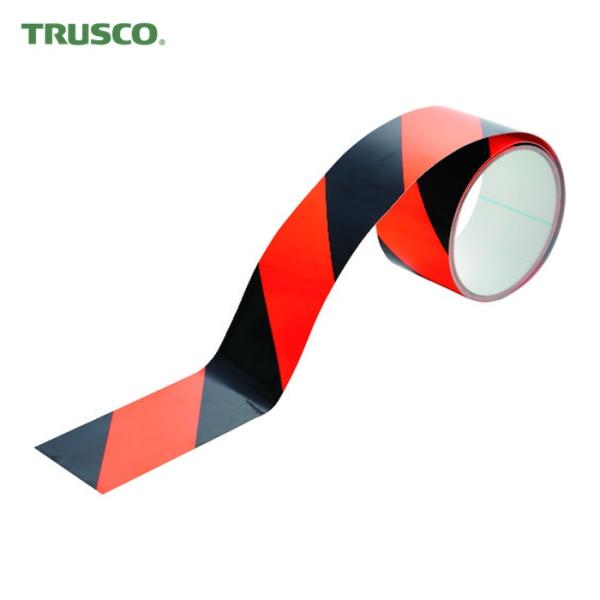 TRUSCO 蛍光ラインテープ|特長:鮮やかな蛍光色のトラ柄のラインテープです。 照明によって蛍光を発し鮮明に見えるため、強い注意喚起が必要な場所に最適です。 粘着力が強力で、剥がれにくくなっています。