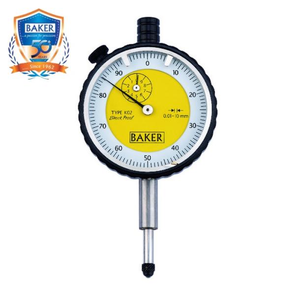 BAKER ダイヤルゲージ|特長:目量0。 01mmの一般的なダイヤルゲージです。 スピンドルはステンレス製、測定子は超硬ボールアンビル付きです。
