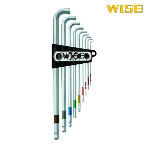 WISE ボールポイント六角棒レンチセット|特長:特に狭い場所で六角レンチを差し込めるように曲げ部分を短くしてあります。 ボールポイントを使う時は、補助ハンドルの六角穴にレンチ切株部をさしこんでハンドルと延長することができます。 硬度はHR...