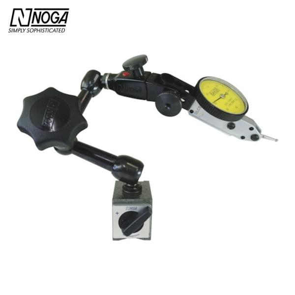 NOGA ダイヤルゲージスタンド|特長:φ6mmスピゴット付、目量0。 01mmの標準テストインジケーターと、マグネット付ホルダーのセットです。 ホルダーには先端微動送り機構が付いており、ゲージ針の0点合わせが容易にできます。