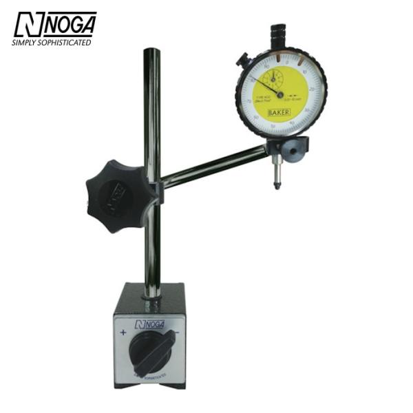 NOGA ダイヤルゲージスタンド|特長:目量0。 01mmの標準型ダイヤルゲージと、標準マグネットスタンドのセットです。 ホルダー中央部のノブを締めることで、3つの関節が同時にロックされ、ゲージを任意の位置に容易に固定できます。