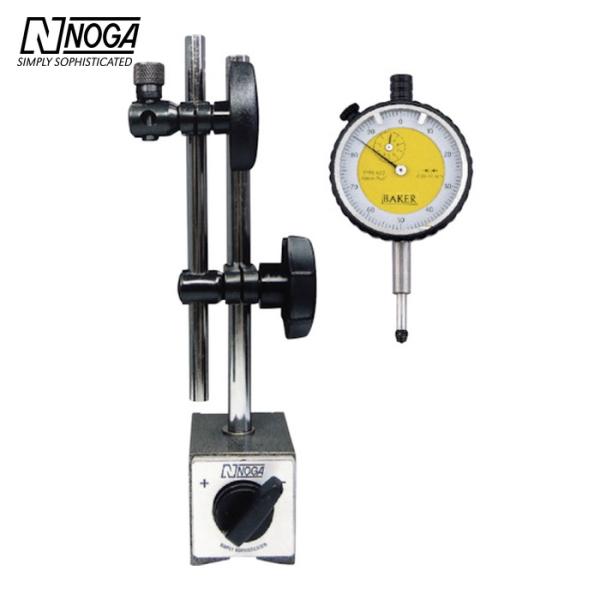 NOGA ダイヤルゲージスタンド|特長:目量0。 01mmの標準型ダイヤルゲージと、標準マグネットスタンドのセットです。 ホルダー中央部のノブを締めることで、3つの関節が同時にロックされ、ゲージを任意の位置に容易に固定できます。