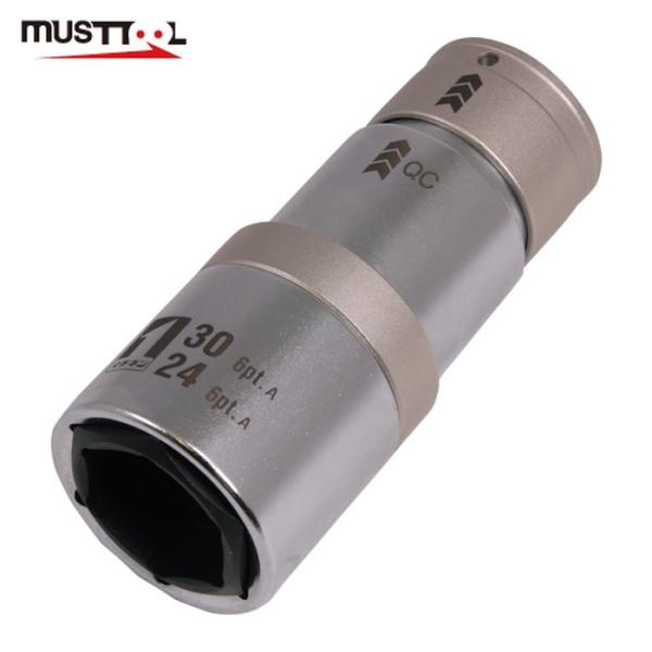 MUSTTOOL インパクト用ソケット|特長:インパクトレンチのソケット着脱が一発で可能です。 インナーソケットをオートスライドさせることで、足場クランプ、ブラケット、キャッチクランプで使いやすくなりました。 ソケットサイズ:24×30mmです。