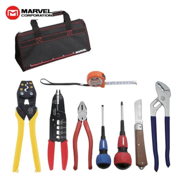 MARVEL 電設工具セット|特長:電気工事士技能試験を受験するための基本工具+JIS C・9711適合品の圧着工具(リングスリーブ用)のセットです。 多機能なVA線ストリッパーで切る、測る、剥く、のの字曲げの作業が効率よくできます。 マイ...